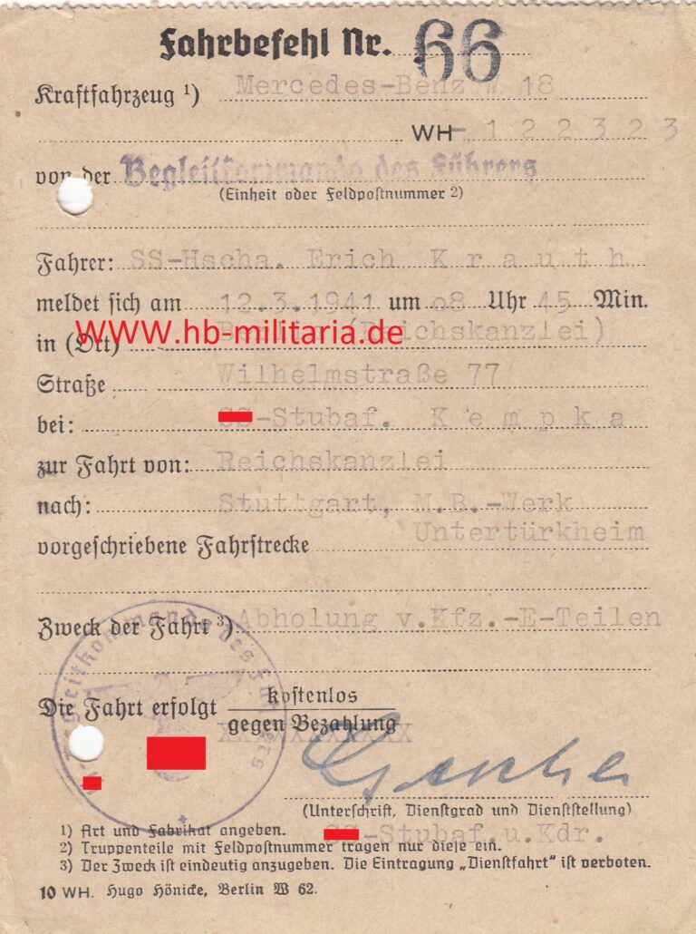 Fahrbefehl Nr. 66 originale Unterschrift Bruno Gesche- VREKAUFT- SOLD ...